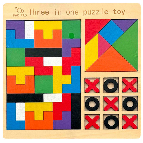 WOODEN PUZZLE 22.5X22.5CM 3IN1 GAME